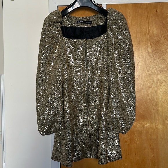 Zara | Dresses | Zara Gold Sequin Mini Dress With Balloon Sleeves | Poshmark